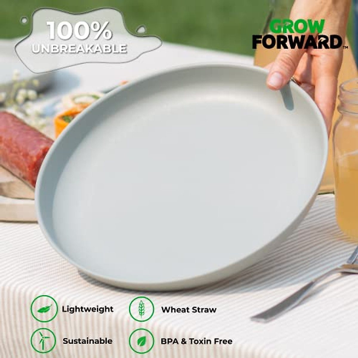 Grow Forward Premium Wheat Straw Plates - 10 Inch Hard Plastic Plates Reusable - Unbreakable Microwave Safe Deep Dinner Plates Set of 8 - Outdoor Plates for Patio, Camping, Picnic, Kids - Feather