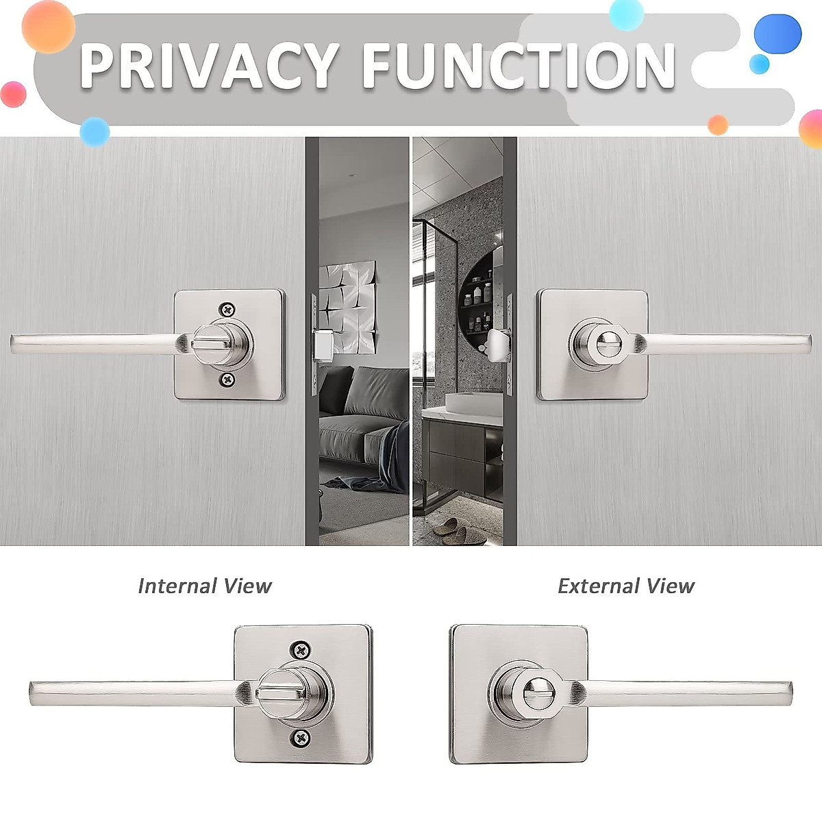 Probrico (5 Pack Square Door Lever Interior Bedroom or Bathroom Lever Door Handle, Privacy Door Lever in Satin Nickel,with Locking Keyless Lever for Right & Left Sided Doors Heavy Duty