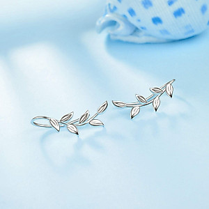 Ear Climber Crawler Cuff Sterling Silver Leaf Earrings for Women,Wrap Earrings Hypoallergenic (leaf earrings)