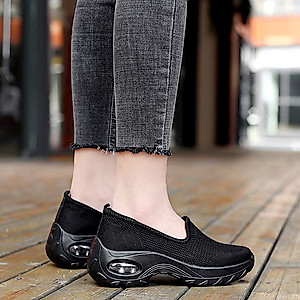 Aconhop Platform Sneakers Casual Shoes Women Slip-on Wedges Mesh Breathable Non-Slip Comfort Walking Shoes Black-36