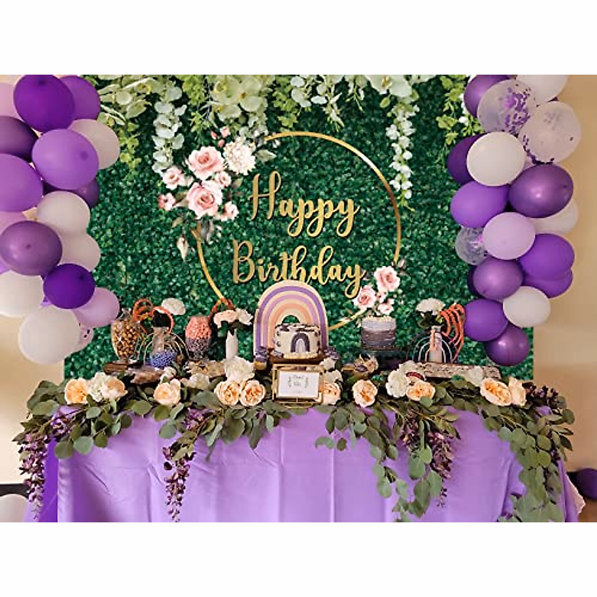 Greenery Happy Birthday Backdrop for Women Girls Flower Green Grass Backdrop Wall for Party Birthday Background Photography for Photoshoot Banner Decoration 7x5ft