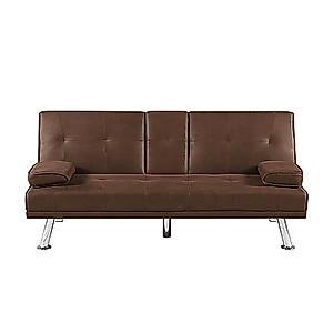 Haplized Leather Futon Sofa Bed, Convertible Folding Couch with Armrest and 2 Cupholders, Sofa Bed Couch for Living Room, Small Place (Coffee)
