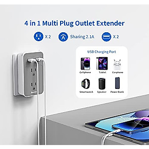 Outlet Extender with Multi Plugs, Huntkey Multi USB Plug Outlet Splitter W. Phone Cradle & 2 USB A Plug Charging Port （No Surge Protector)
