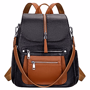 ALTOSY Leather Backpack Purse for Women Fashion Casual Handbag with Multi Pockets and Flap (S107 Black/Brown)