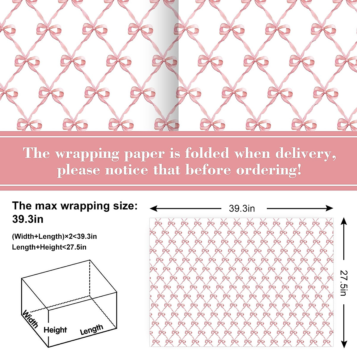 JarThenaAMCS 6 Sheets Pink Bow Wrapping Paper -Not Roll- Gift Wrap Paper Folded Flat Large Craft Paper for Birthday Baby Shower Party Supplies, 27.6 x 39.4 Inch