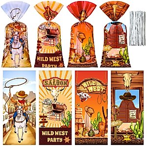100 PCS Western Cowboy Cellophane Bags Cowboy Party Decorations Wild West Cowboy Gift Treat Bag Goodie Candy Bags with Ties Wild West Cowboy Birthday Party Supplies Favors