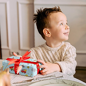 Road Under Construction Tractor Truck On Light Blue Wrapping paper for Kids Boys Men Birthday Party Baby Shower Holiday Christmas Gift Wrap - Folded Flat 30 x 20 Inch - 4 Sheets