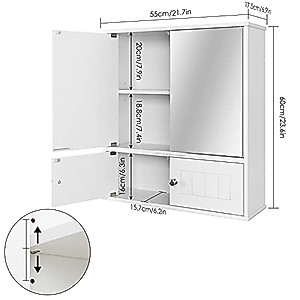 URKNO Bathroom Medicine Cabinet with Double Mirror Doors, Wood Hanging Wall Cabinet with Adjustable Shelf, Mirror Storage Cabinet for Bathroom, Living Room, White