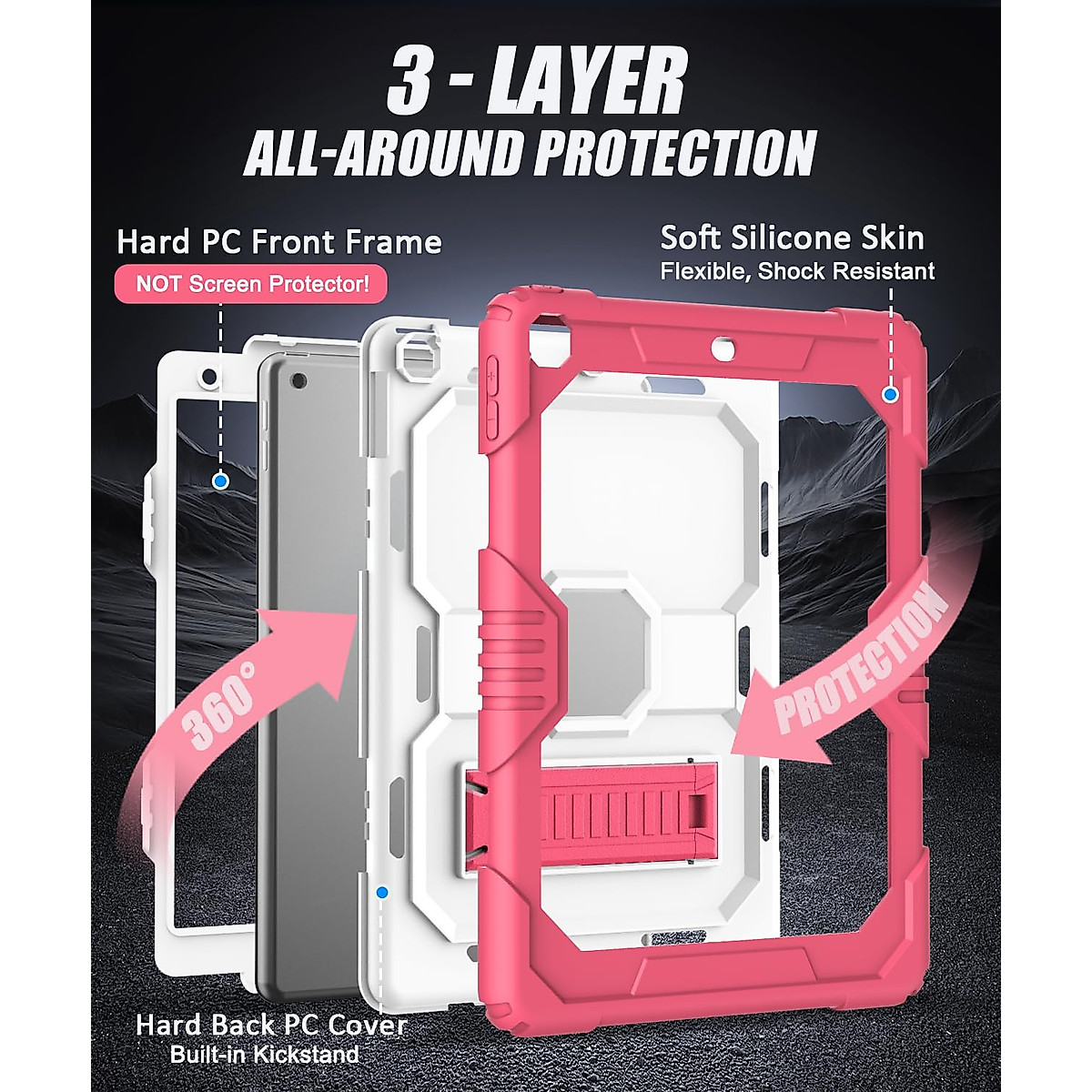 OKP Case for iPad 9th/ 8th/ 7th Generation (2021/2020/2019), Heavy Duty 10.2 inch iPad Shockproof Rugged Protective Cover with Built-in Stand, iPad 9 8 7 Gen Cases for Kids Girls Boys, Pink+White