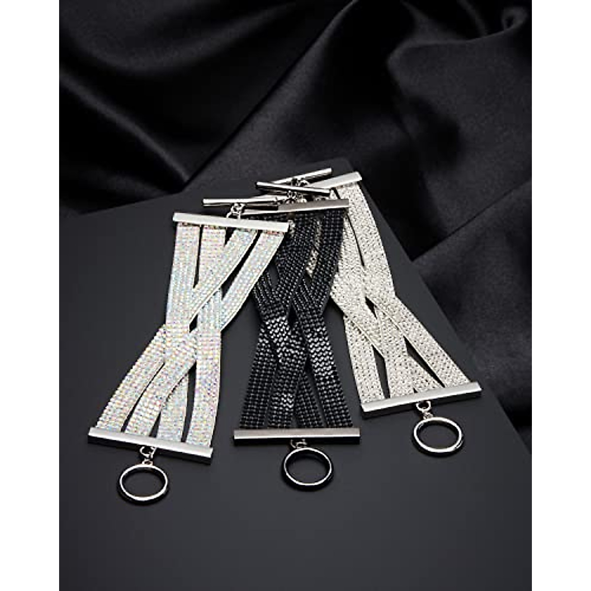 Badgley Mischka Women's Bracelet - Layered Multi Strand Crystal Crossover Toggle Open Cuff Bangle Bracelet, Hematite