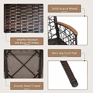 HAPPYGRILL Patio PE Rattan Dining Chairs Set of 4, Patio PE Wicker Armchairs with Removable Cushions and Acacia Wood Armrests for Deck Poolside Backyard