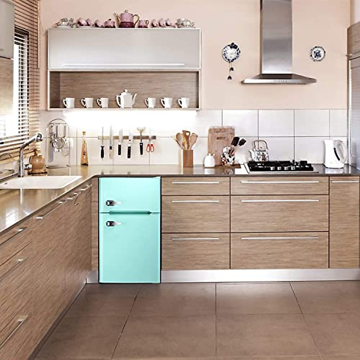 Antarctic Star Compact Mini Refrigerator Separate Freezer, Small Fridge Double 2-Door Adjustable Removable Retro Stainless Steel Shelves Garage Camper Basement/Dorm/Office 3.2 cu ft.Green