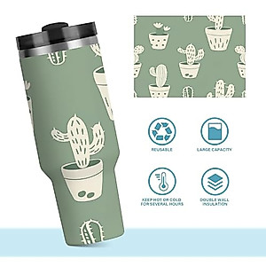 FRCSDIY Cactus Insulated Tumbler with Handle and Straw Lid,40oz Leakproof Stainless Steel Cup BPA-Free Water Bottle