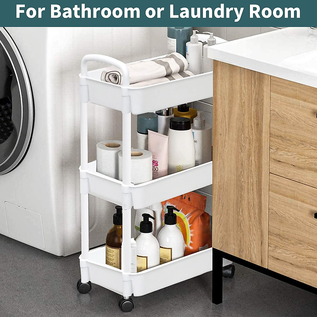 EZ COZY 3 Tier Rolling Cart, Plastic Diaper Cart Organizer with Wheels, Roller Cart for Diapers, Baby Nursery, Kitchen, Bathroom, Living Room and Bedside, White