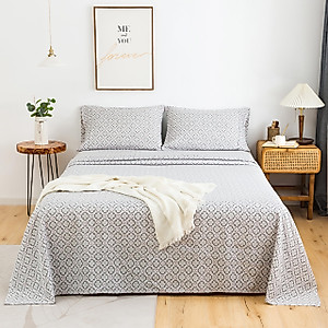 KaceMoo King Sheet Set 4PC Printed Sheets Beige Floral Pattern Boho Sheets Cooling Deep Pocket Microfibe Bed Sheet King Size, Luxury, Soft, Breathable, Hypoallergenic, Wrinkle Free for Kids Room, Dorm