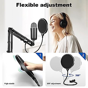 Aokeo Professional Microphone Pop Filter Mask Shield • For Blue Yeti and Any Other Microphone • Mic Dual Layered Wind Pop Screen • With A Flexible 360° Gooseneck Clip Stabilizing Arm