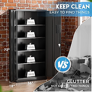 Greenvelly Metal Storage Cabinet, 72” Black Locking Storage Cabinets for Home Office Steel Filing Cabinet with Doors and Adjustable Shelves, Lockable Metal Tool Storage Cabinet for Garage, Business