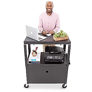 Line Leader Large AV Cart with Locking Cabinet | Height Adjustable Utility Cart | Includes Pullout Keyboard Tray & Cord Management | Easy Assembly (32in x 18in x 42in / Black)