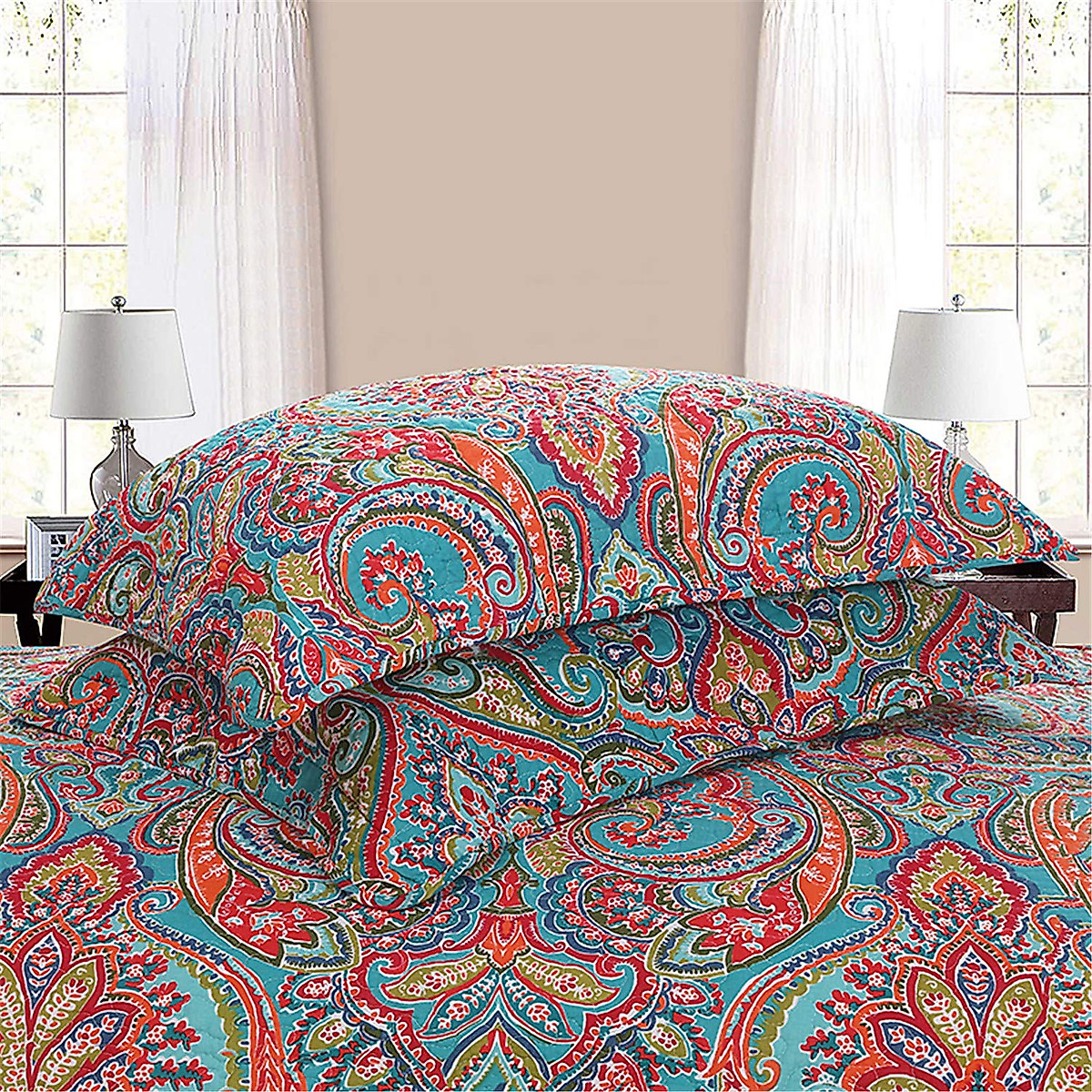 Newrara Jacquard Style Cotton 3 Pcs Patchwork Bedspread Boho Quilt Sets Queen Size（Red）