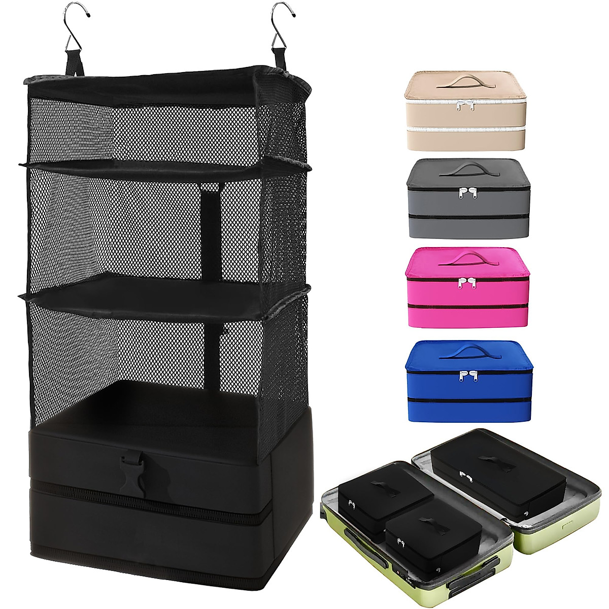 Caroeas Portable Hanging Travel Shelves Bag Suitcase Organizer Carry-on Closet Packing Cubes for Travel, 3-Shelf Suitcase Closet with 2 Hooks, Large Capacity, Black