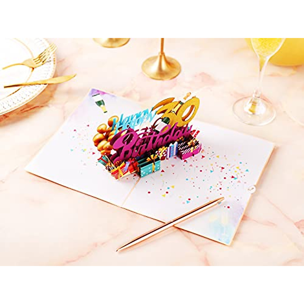 Liif Happy 30th Birthday 3D Greeting Pop Up Card, 30th Birthday Card For Him, Her, Women, Funny, Celebrations, Congrats, Thirty, Balloons, Champagne | With Message Note & Envelop | Size 8" x 6"