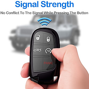 Compatible with Jeep Key Fob Cover with Leather Keychain Soft TPU Protection Key Case for Grand Cherokee Renegade Chrysler 200 300 Dodge RAM Durango Challenger Journey Dart Fiat Smart Key,Black