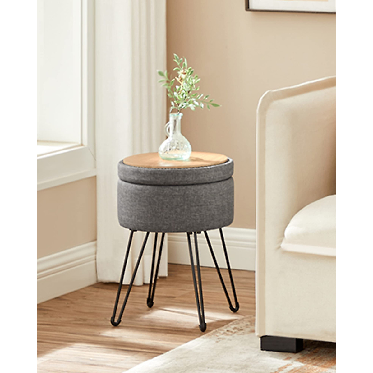 SONGMICS Vanity Stool Chair, Small Ottoman Stool with Storage, Vanity Chair, 12.2 Dia. x 16.9 Inches, 4 Metal Legs, for Makeup Room, for Living Room, Bedroom, Dark Gray ULOM002G01