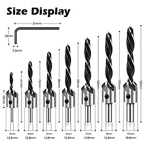 Werkzeug Countersink Drill Bits Set- 7Pcs Counter Sink Bit for Wood High Speed Steel, Woodworking Carpentry Reamer With 1 Free Hex Key Wrench