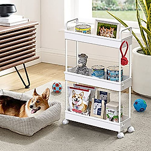 SOLEJAZZ Slim Storage Cart, 3 Tier Bathroom Cart Organizer Mobile Shelving Unit Rolling Utility Cart, Slide Out Organizer for Kitchen, Bathroom, Laundry, Narrow Places, White