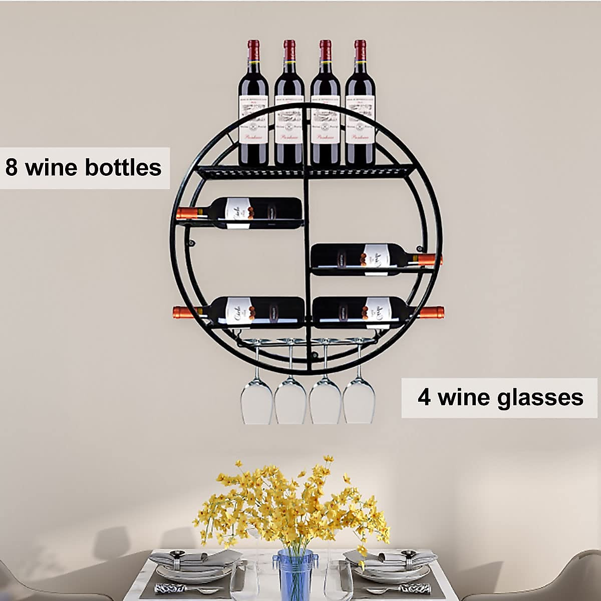 Wall Mounted Wine Rack, Elegant Black Metal Round Wine Glass Holder for Home Bar and Kitchen Décor - Space-Saving Wine Bottle Organizer and Glass Shelf for Parties and Entertaining - 23.6 Inches