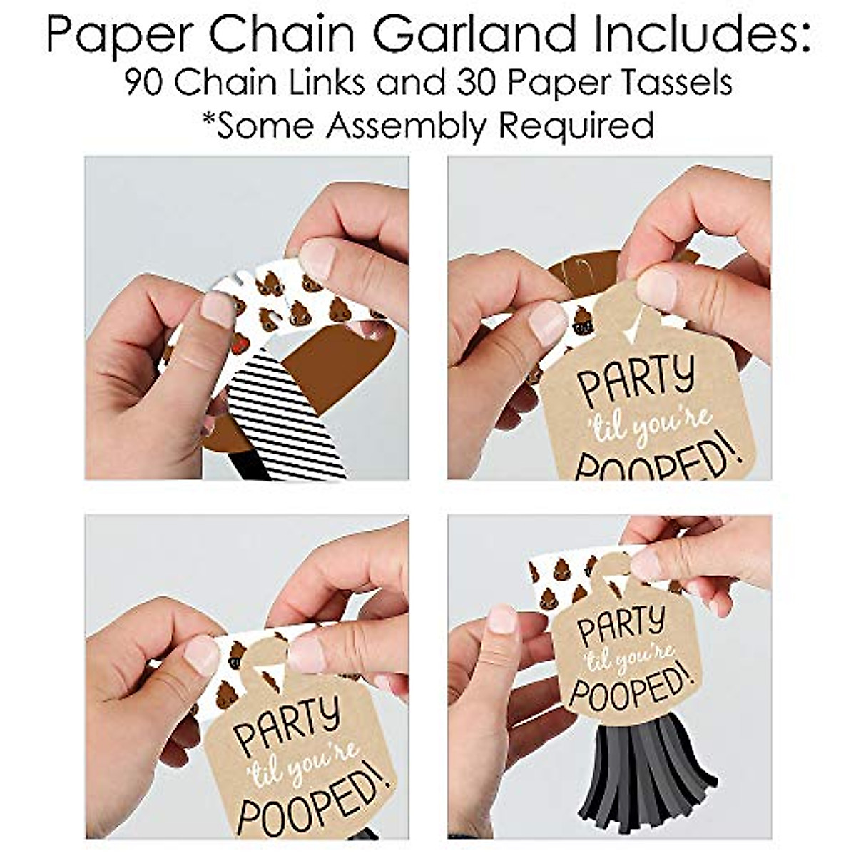 Big Dot of Happiness Party ’Til You’re Pooped - 90 Chain Links and 30 Paper Tassels Decoration Kit - Poop Emoji Party Paper Chains Garland - 21 feet