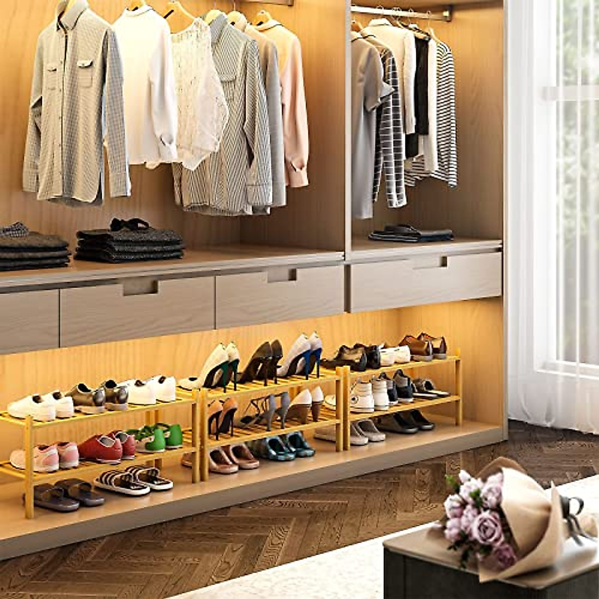 viewcare 9-Tier Bamboo Shoe Rack for Entryway, Stackable | Foldable | Natural, Free Standing Shoe Racks for Hallway Closet
