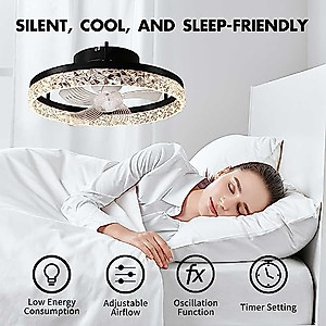 Tivleed Low Profile Ceiling Fan with Lights, 20" Semi Flush LED Fans Light, Remote & Smart APP Control, 360° Rotatable, Modern Crystal, 3 Color Dimmable, 6 Speeds, for Bedroom Living Room, Black