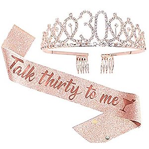 LATFZ Talk thirty to me Birthday Tiara and Sash- Happy 30th Birthday Party Supplies - 30th Satin Sash Crystal Tiara Birthday Crown (Talk Thirty to me)