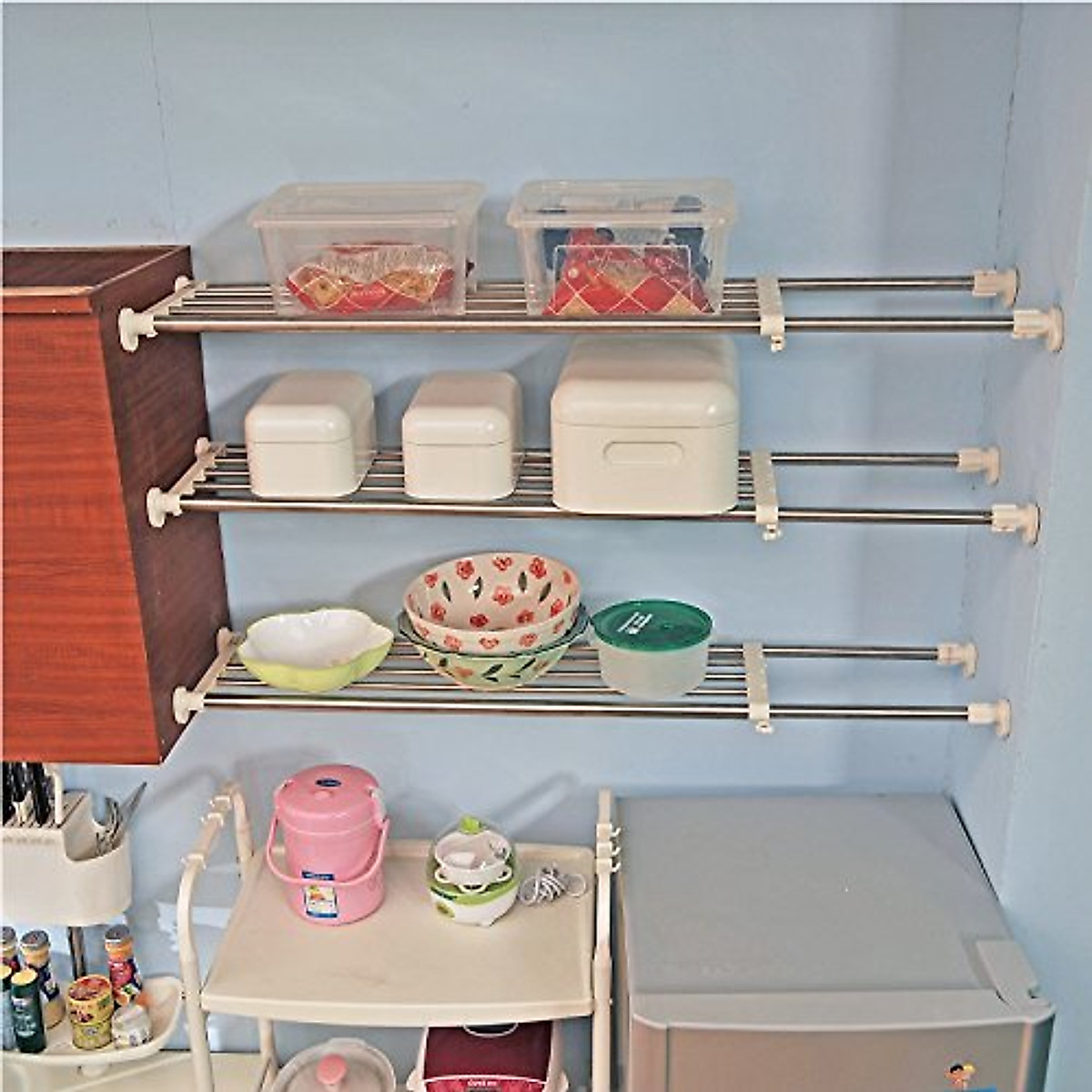 BAOYOUNI Tension Rod Shelf Expandable Closet Organizer Heavy Duty Adjustable Clothes Hanger Rack DIY Space Saver Layered Separator Divider 27.17''-36.02'', Ivory