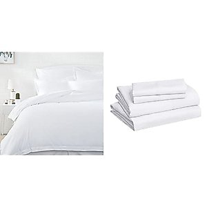 Amazon Basics Light-Weight Microfiber Duvet Cover Set W/Snap Buttons -Full/Queen, Bright White & Lightweight Super Soft Easy Care Microfiber Sheet Set with 16 inch Deep Pockets - Queen, Bright White