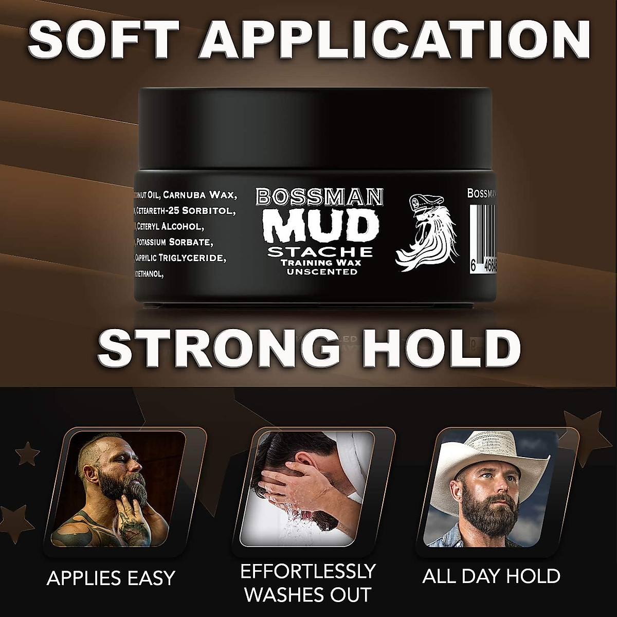 Bossman MUDstache Unscented Mustache Wax – No Pull - Spreads Easy for a Strong Non-Tacky 24 hr Hold - Tame, Train and Style - Moustache Wax for Men (1oz)