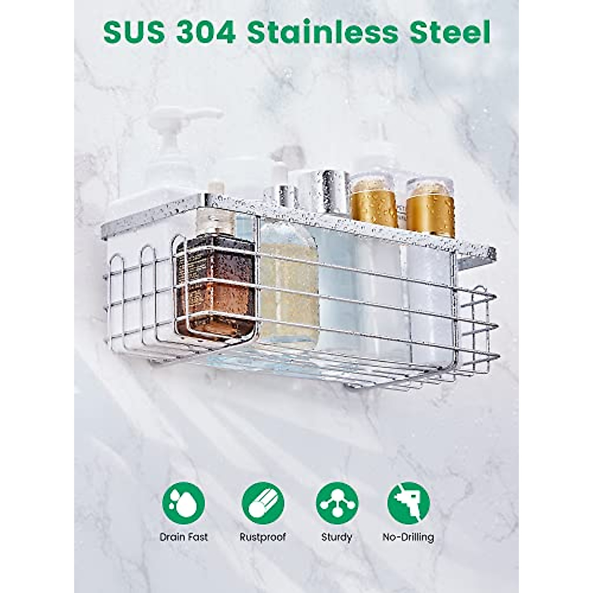 PARAKE Shower Caddy Organizer with Soap Holder, 2-Pack SUS304 Stainless Steel Shower Shelves, Self Adhesive Rustproof Shower Caddy with Hooks, for Bathroom Shampoo Soap Storage Kitchen Rack, Silver