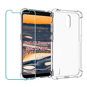 Ytaland Case for Nokia C2 Tava, C2 Tennen (2020),with Tempered Glass Screen Protector. Crystal Clear Soft Silicone Shockproof TPU Transparent Bumper Protective Phone Case Cover