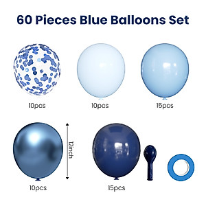 Blue Balloons Set, 60 Pack 12 Inches Metallic Chrome Blue Balloons Navy Blue Latex Balloons Light Blue Confetti Balloons for Boys Man Birthday, Baby Shower, Wedding Party Decorations