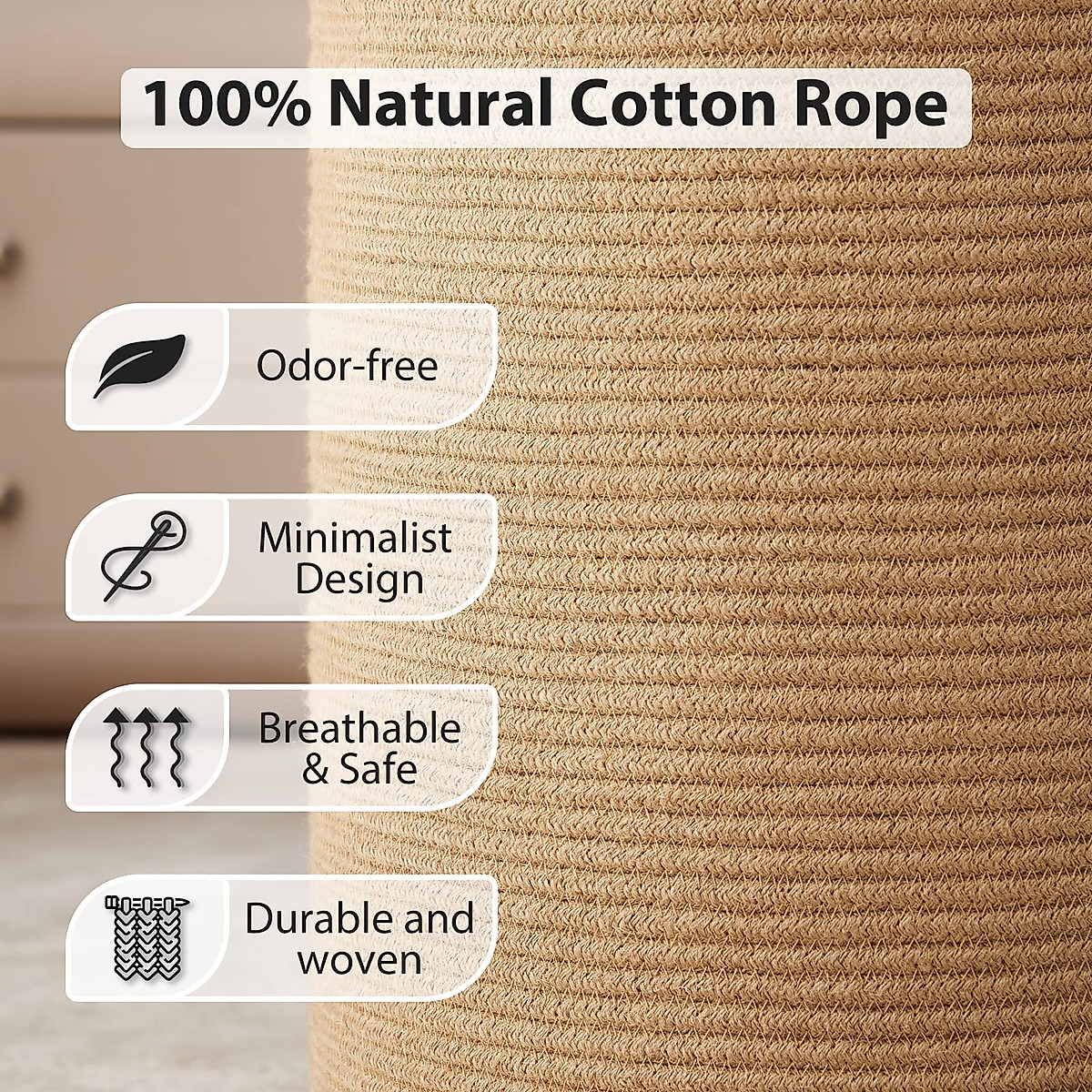 Jute Rope Laundry Hamper Basket, 58L Tall Laundry Basket for Blanket Storage, Large Baby Nursery Hamper for Laundry, Woven Clothes Hamper for Bedroom, Living Room