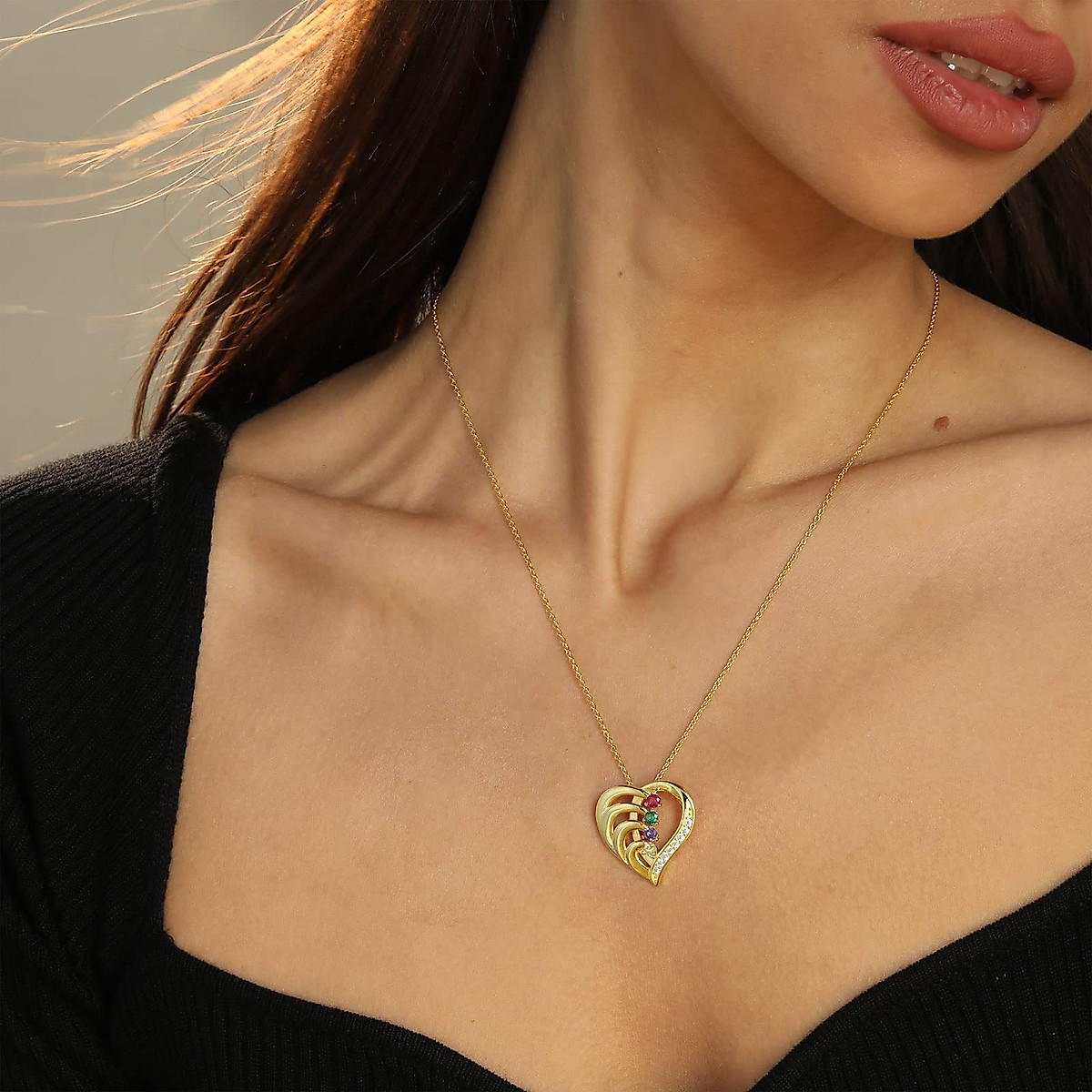 MRENITE 10K/14K/18K Solid Gold Personalized Mom Necklace with 4 Birthstone Name Heart Necklace Engraved 4 Names for Mom Wife