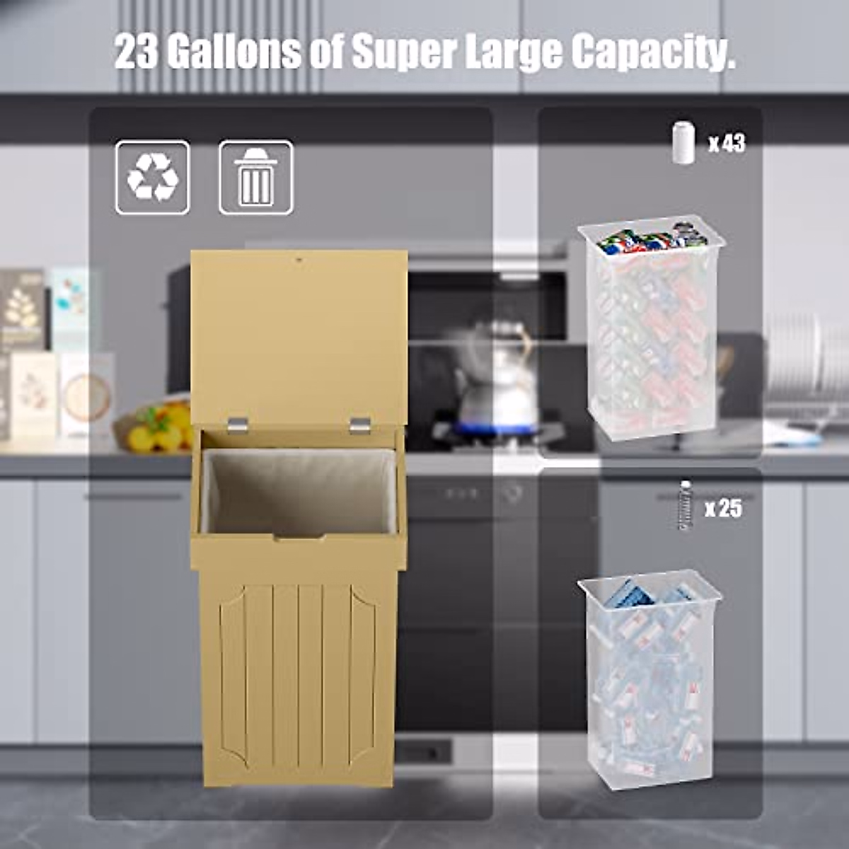 JEROAL Wood Bathroom Trash Can, 23 Gallon Kitchen Trash Can with Lid, Nordic Modern Waterproof Small Waste Basket Dog Proof Garbage Can for Kitchen, Bathroom, Bedroom, Living Room, Office, Outdoor