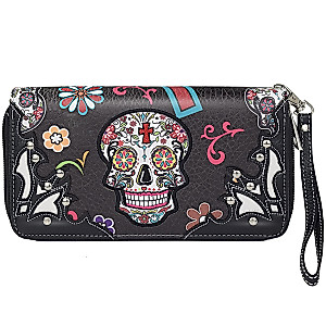 Sugar Skull Wallet PU Leather Western Wristlet Wallet (Black Sugar Skull)