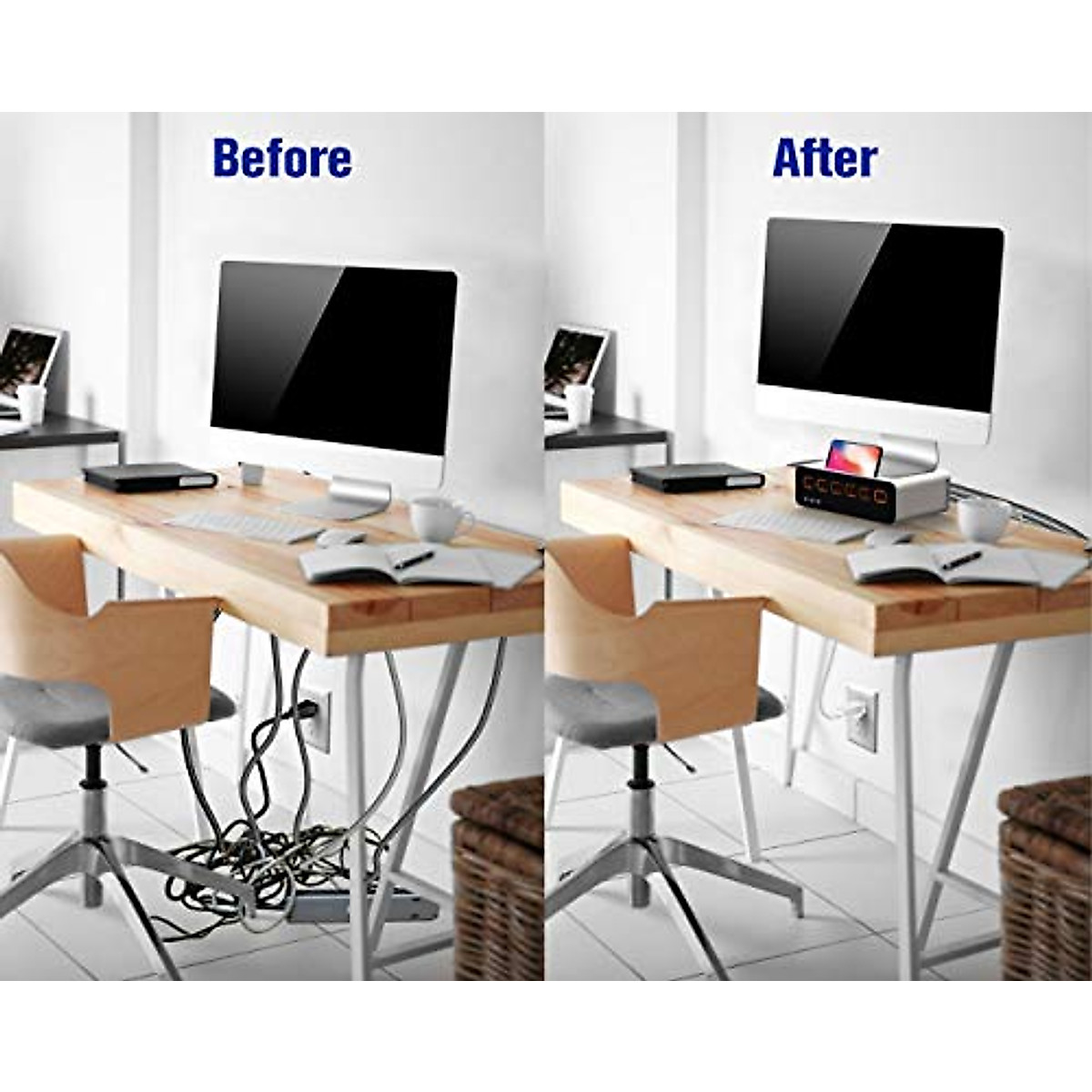 Kantek Cable Management Power HUB and Stand with USB Charging Ports, 5 OUTLETS, 3 USB, 6.5 FT Cord, White