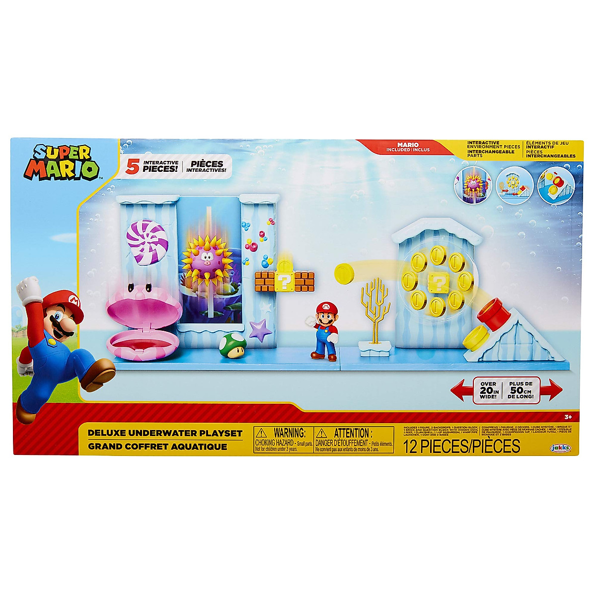 Nintendo Super Mario Deluxe Underwater Playset with 5 Interactive Environmentpiece – Includes 2.5” Mario Figure, 1-Up Mushroom Accessory & Warp Pipe Coin Launcher