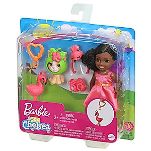 Barbie Club Chelsea Dress-Up Doll, 6-in Brunette in Flamingo Costume, with Pet Kitten and Accessories, Gift for 3 to 7 Year Olds
