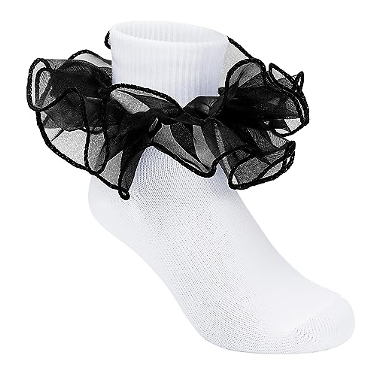 Zando Girls White Ruffle Socks Big Double Lace Turn Cuff Dress Socks Girl Ruffle White Socks Cute Lace Socks for Girls 6-8 Frilly Ankle Dress Sock 3/Black 5-7 Years