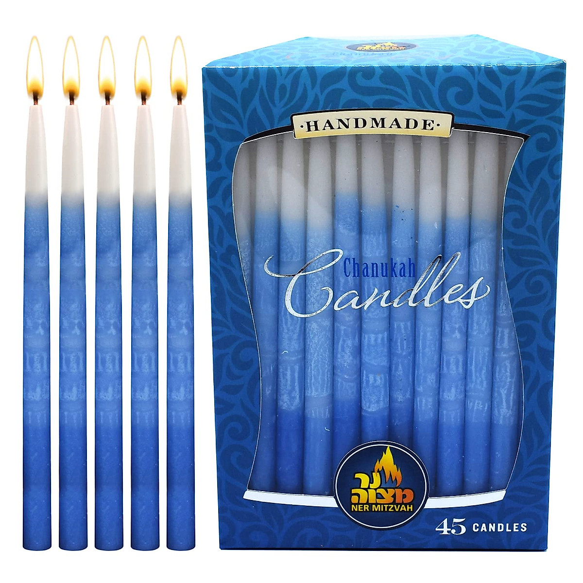 Dripless Chanukah Candles Standard Size - Decorated Ombre Blue & White Hanukkah Candles Fits Most Menorahs - Premium Quality Wax - 45 Count for All 8 Nights of Hanukkah - by Ner Mitzvah