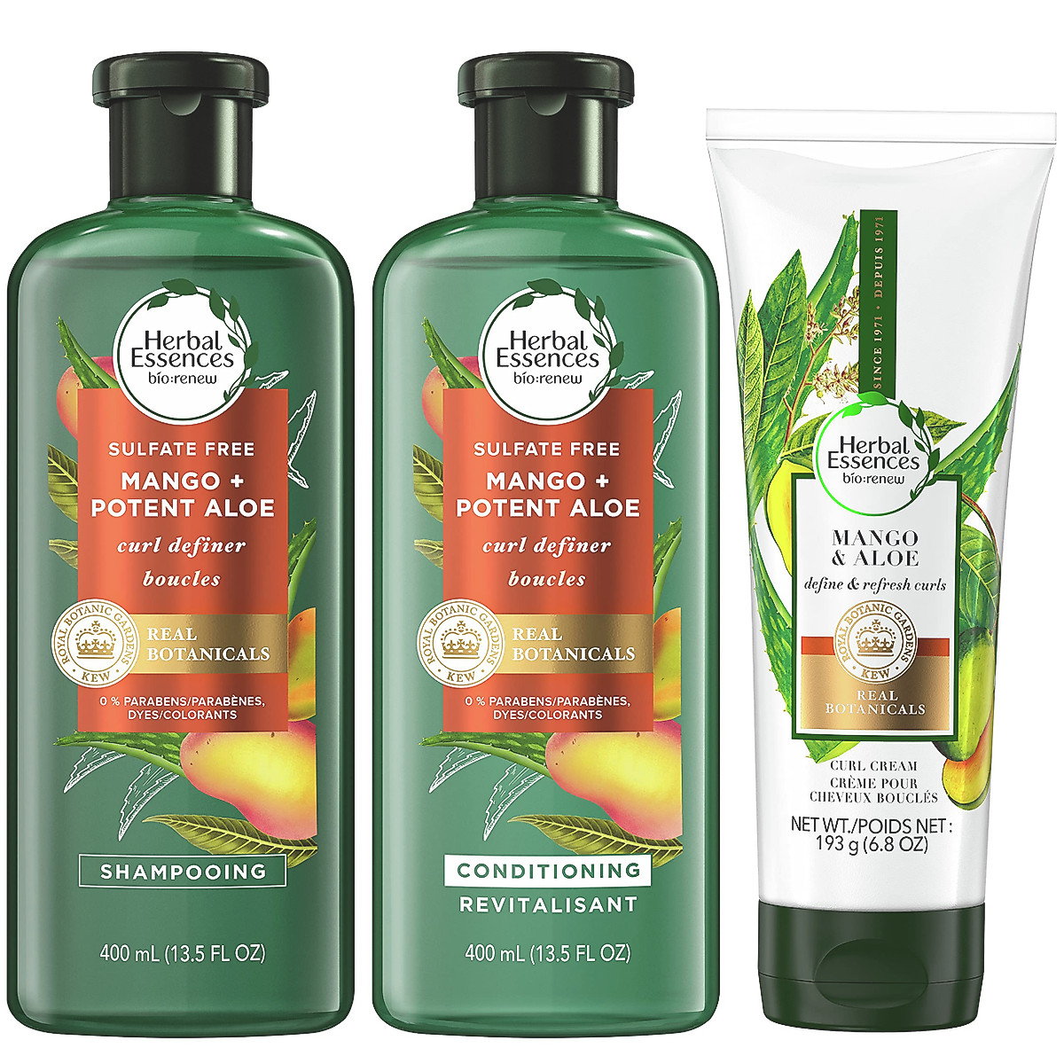 Herbal Essences bio:renew Sulfate Free Shampoo & Conditioner 13.5 Fl Oz each, and Curl Cream 6.8 Fl Oz Set â€šÃ„ì With Mango + Potent Aloe, Complete Curly Hair Care for Defined Curls